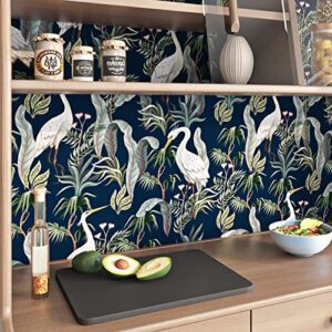 ReWallpaper 17.5in X 39ft Peel and Stick Wallpaper Vintage Dark Botanical Wallpaper Removable Navy White Crane Wallpaper for Bathroom Bedroom Living Room Self Adhesive Renter Friendly Contact Paper