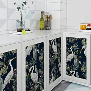 ReWallpaper 17.5in X 39ft Peel and Stick Wallpaper Vintage Dark Botanical Wallpaper Removable Navy White Crane Wallpaper for Bathroom Bedroom Living Room Self Adhesive Renter Friendly Contact Paper