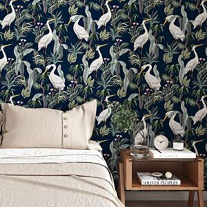 ReWallpaper 17.5in X 39ft Peel and Stick Wallpaper Vintage Dark Botanical Wallpaper Removable Navy White Crane Wallpaper for Bathroom Bedroom Living Room Self Adhesive Renter Friendly Contact Paper