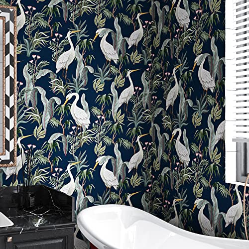 ReWallpaper 17.5in X 39ft Peel and Stick Wallpaper Vintage Dark Botanical Wallpaper Removable Navy White Crane Wallpaper for Bathroom Bedroom Living Room Self Adhesive Renter Friendly Contact Paper