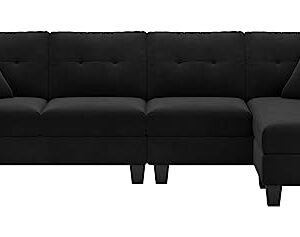 Belffin Black Velvet Sectional Couch L Shaped Sofa 4 Seat Sofa with Chaise Convertible L-Shaped Couches Reversible Sectional Sofa Black