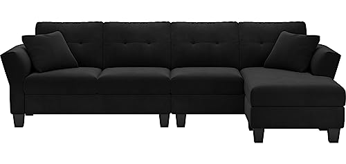 Belffin Black Velvet Sectional Couch L Shaped Sofa 4 Seat Sofa with Chaise Convertible L-Shaped Couches Reversible Sectional Sofa Black