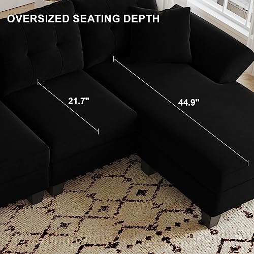 Belffin Black Velvet Sectional Couch L Shaped Sofa 4 Seat Sofa with Chaise Convertible L-Shaped Couches Reversible Sectional Sofa Black