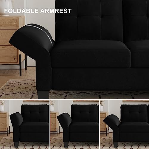 Belffin Black Velvet Sectional Couch L Shaped Sofa 4 Seat Sofa with Chaise Convertible L-Shaped Couches Reversible Sectional Sofa Black