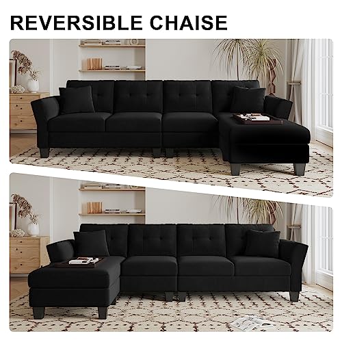 Belffin Black Velvet Sectional Couch L Shaped Sofa 4 Seat Sofa with Chaise Convertible L-Shaped Couches Reversible Sectional Sofa Black