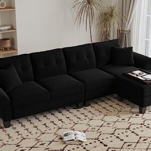 Belffin Black Velvet Sectional Couch L Shaped Sofa 4 Seat Sofa with Chaise Convertible L-Shaped Couches Reversible Sectional Sofa Black