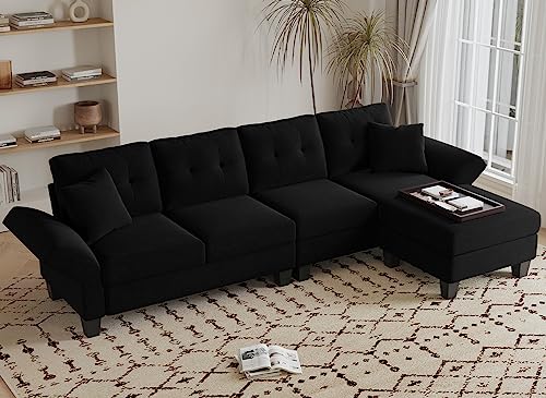 Belffin Black Velvet Sectional Couch L Shaped Sofa 4 Seat Sofa with Chaise Convertible L-Shaped Couches Reversible Sectional Sofa Black