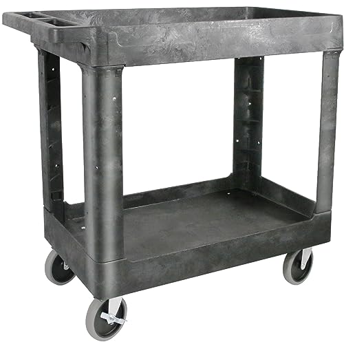 AQNIEGEP 2 Shelf Utility Cart Heavy Duty Rolling Cart with Brake Wheels Storage Service Cart w/Deep Shelves for Warehouse Workshop Cleaning Office Restaurant Commercial Moving 550lbs Capacity Black