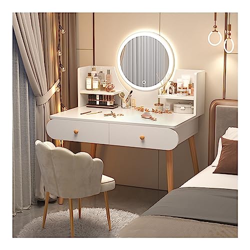 Vanity Set with Lighted Mirror | Makeup Table with Storage Shelf and Drawers | Vanity Desk with Comfortable Chair | 3 Color Lighting Modes Adjustable Brightness