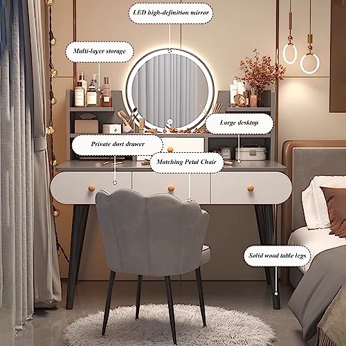 Vanity Set with Lighted Mirror | Makeup Table with Storage Shelf and Drawers | Vanity Desk with Comfortable Chair | 3 Color Lighting Modes Adjustable Brightness