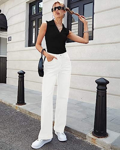 LookbookStore Wide Leg Pants High Waisted Pants for Women Mom Jeans High Waisted Womens White Jeans Womens Flare Jeans Womens Baggy Jeans Brilliant White Size Large Fits Size 12 14