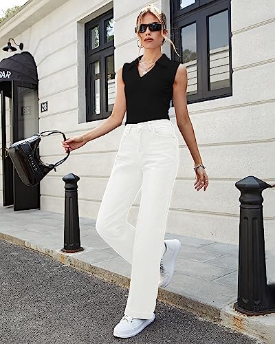 LookbookStore Wide Leg Pants High Waisted Pants for Women Mom Jeans High Waisted Womens White Jeans Womens Flare Jeans Womens Baggy Jeans Brilliant White Size Large Fits Size 12 14