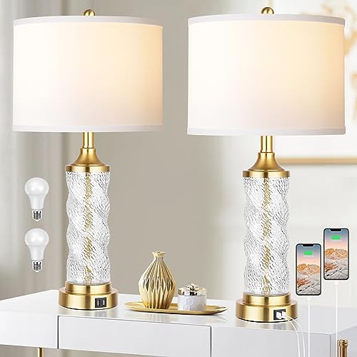 QiMH Gold Lamps for Bedroom Set of 2, Touch Control Table Lamps for Living Room with Dual USB Charging Ports, 3-Way Dimmable Bedside Lamp with White Drum Lamp Shade Home Decor (Bulbs Included)