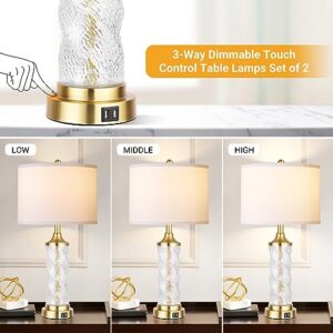 QiMH Gold Lamps for Bedroom Set of 2, Touch Control Table Lamps for Living Room with Dual USB Charging Ports, 3-Way Dimmable Bedside Lamp with White Drum Lamp Shade Home Decor (Bulbs Included)