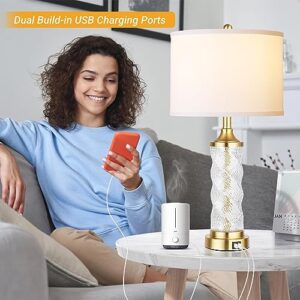 QiMH Gold Lamps for Bedroom Set of 2, Touch Control Table Lamps for Living Room with Dual USB Charging Ports, 3-Way Dimmable Bedside Lamp with White Drum Lamp Shade Home Decor (Bulbs Included)