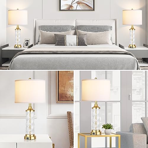 QiMH Gold Lamps for Bedroom Set of 2, Touch Control Table Lamps for Living Room with Dual USB Charging Ports, 3-Way Dimmable Bedside Lamp with White Drum Lamp Shade Home Decor (Bulbs Included)