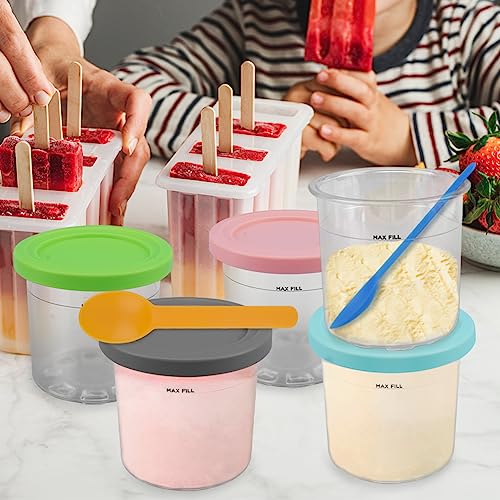 4pcs Ice Cream Containers,Freezer Storage Ice Cream Pint Containers with Silicone Lids and Spoon,Compatible with Nin-ja Nc299amz Nc300s Nc301 Series,for Homemade IceCream(yellow, green, pink, blue)