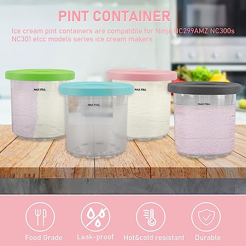 4pcs Ice Cream Containers,Freezer Storage Ice Cream Pint Containers with Silicone Lids and Spoon,Compatible with Nin-ja Nc299amz Nc300s Nc301 Series,for Homemade IceCream(yellow, green, pink, blue)