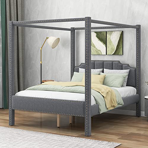 Eafurn Queen Canopy Bed Frame with Headboard, Solid Wood 4-Post Canopy Platform Bed Frame with Slat Support, Queen Size Platform Bed for Kids Teens Adults