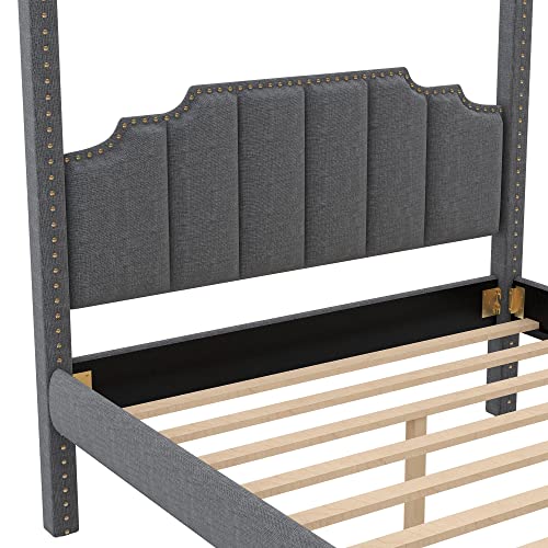 Eafurn Queen Canopy Bed Frame with Headboard, Solid Wood 4-Post Canopy Platform Bed Frame with Slat Support, Queen Size Platform Bed for Kids Teens Adults