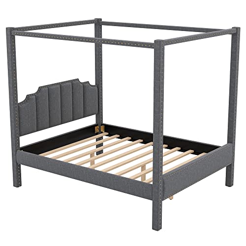 Eafurn Queen Canopy Bed Frame with Headboard, Solid Wood 4-Post Canopy Platform Bed Frame with Slat Support, Queen Size Platform Bed for Kids Teens Adults