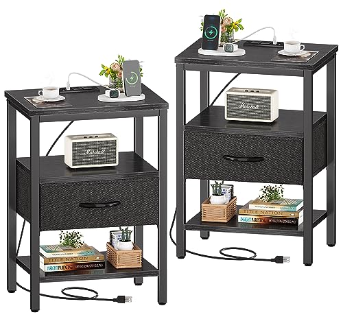 SUPERJARE Nightstands Set of 2, Bed Side Tables with Charging Station, Adjustable Fabric Drawer, Night Stands for Bedroom, 3-Tier Storage End Tables, Black