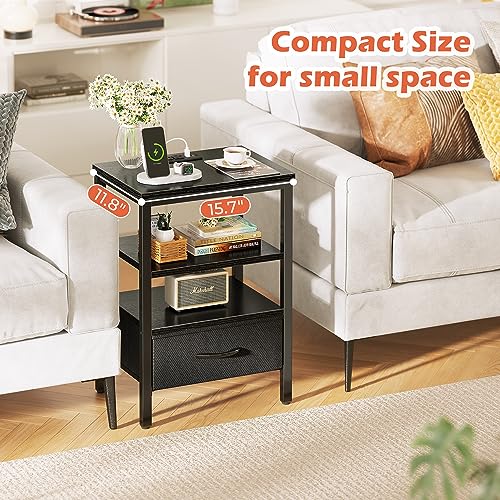 SUPERJARE Nightstands Set of 2, Bed Side Tables with Charging Station, Adjustable Fabric Drawer, Night Stands for Bedroom, 3-Tier Storage End Tables, Black