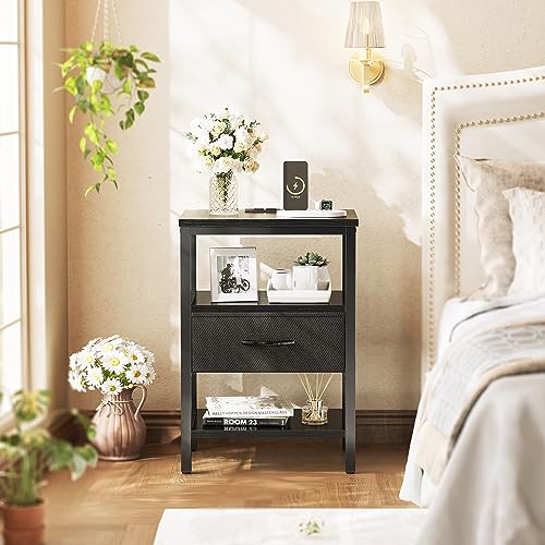 SUPERJARE Nightstands Set of 2, Bed Side Tables with Charging Station, Adjustable Fabric Drawer, Night Stands for Bedroom, 3-Tier Storage End Tables, Black