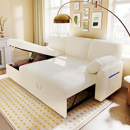 VanAcc Sleeper Sofa, Sofa Bed- 2 in 1 Pull Out Couch Bed with Storage Chaise for Living Room, Sofa Sleeper with Pull Out Bed, White Sherpa Couch