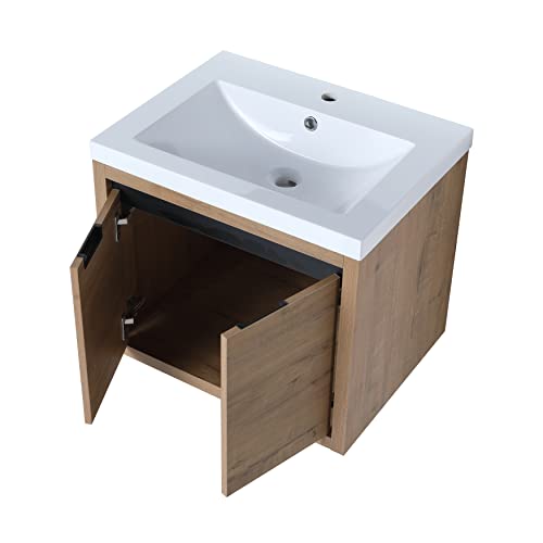 Voohek Bathroom Vanity with Basin Sink and Storage, Wall Mounted Floating Cabinet, for Small, Space Saving, 24 Inch, Imitative Oak #B