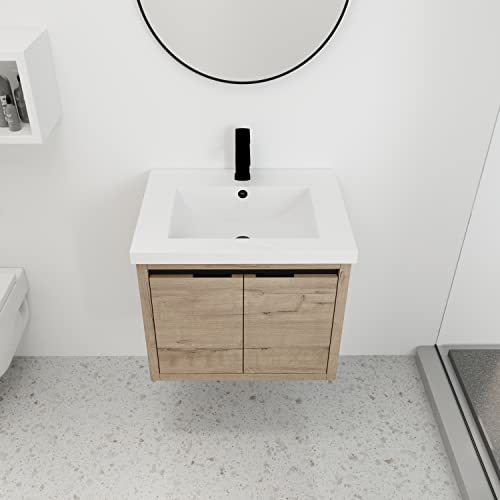 Voohek Bathroom Vanity with Basin Sink and Storage, Wall Mounted Floating Cabinet, for Small, Space Saving, 24 Inch, Imitative Oak #B