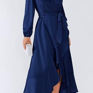 PRETTYGARDEN Women's 2023 Fall Dresses Casual Long Sleeve Wrap V Neck Maxi Dress High Low Wedding Guest Dress Ruffle Hem (Navy,Large)