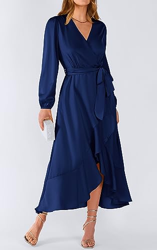 PRETTYGARDEN Women's 2023 Fall Dresses Casual Long Sleeve Wrap V Neck Maxi Dress High Low Wedding Guest Dress Ruffle Hem (Navy,Large)