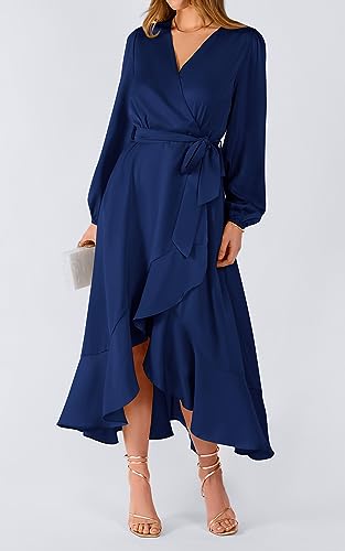 PRETTYGARDEN Women's 2023 Fall Dresses Casual Long Sleeve Wrap V Neck Maxi Dress High Low Wedding Guest Dress Ruffle Hem (Navy,Large)