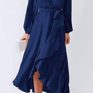 PRETTYGARDEN Women's 2023 Fall Dresses Casual Long Sleeve Wrap V Neck Maxi Dress High Low Wedding Guest Dress Ruffle Hem (Navy,Large)