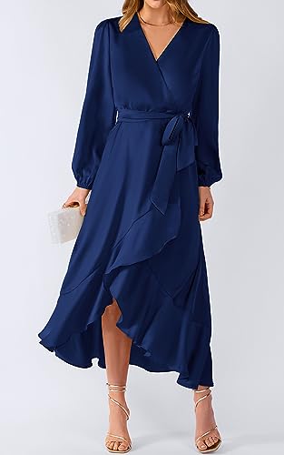 PRETTYGARDEN Women's 2023 Fall Dresses Casual Long Sleeve Wrap V Neck Maxi Dress High Low Wedding Guest Dress Ruffle Hem (Navy,Large)