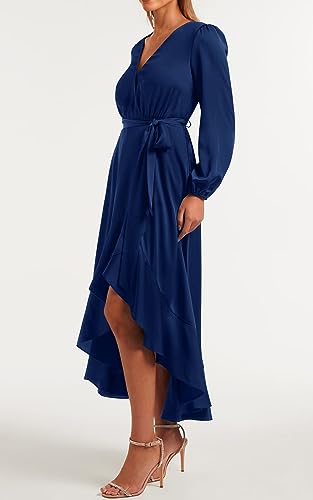 PRETTYGARDEN Women's 2023 Fall Dresses Casual Long Sleeve Wrap V Neck Maxi Dress High Low Wedding Guest Dress Ruffle Hem (Navy,Large)