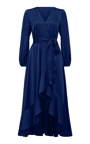 PRETTYGARDEN Women's 2023 Fall Dresses Casual Long Sleeve Wrap V Neck Maxi Dress High Low Wedding Guest Dress Ruffle Hem (Navy,Large)