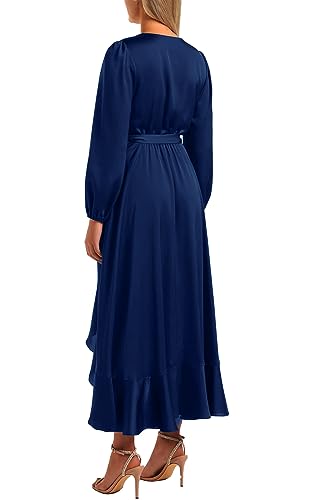 PRETTYGARDEN Women's 2023 Fall Dresses Casual Long Sleeve Wrap V Neck Maxi Dress High Low Wedding Guest Dress Ruffle Hem (Navy,Large)