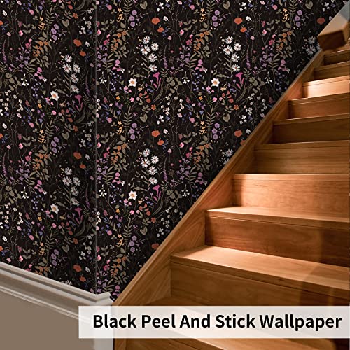 Floral Peel and Stick Wallpaper Boho: 118" X 17.7" Removable Wallpaper Easy Peel Off wallpaper for Bedroom Black Wallpaper Dark Wild Flowers Self Adhesive Contact Paper Renter Friendly Wall Paper