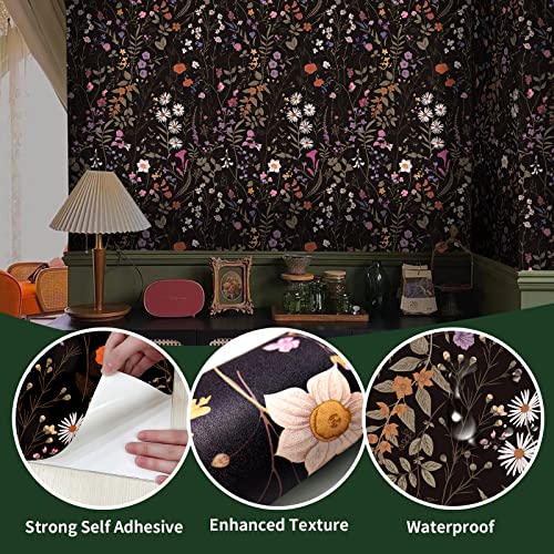 Floral Peel and Stick Wallpaper Boho: 118" X 17.7" Removable Wallpaper Easy Peel Off wallpaper for Bedroom Black Wallpaper Dark Wild Flowers Self Adhesive Contact Paper Renter Friendly Wall Paper