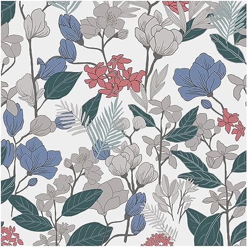 Floral Peel and Stick Wallpaper Boho Easy Peel off Wallpaper Blue Magnolia/Red Hydrangea/Grey Removable Bedroom Contact Paper Renter Friendly Self Adhesive Wallpaper with Knife Tape Measure 17.3"X118"