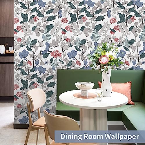 Floral Peel and Stick Wallpaper Boho Easy Peel off Wallpaper Blue Magnolia/Red Hydrangea/Grey Removable Bedroom Contact Paper Renter Friendly Self Adhesive Wallpaper with Knife Tape Measure 17.3"X118"