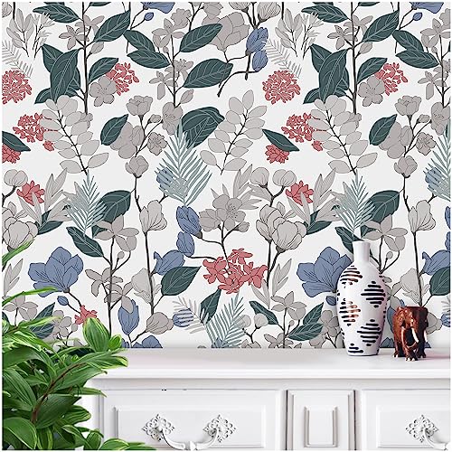 Floral Peel and Stick Wallpaper Boho Easy Peel off Wallpaper Blue Magnolia/Red Hydrangea/Grey Removable Bedroom Contact Paper Renter Friendly Self Adhesive Wallpaper with Knife Tape Measure 17.3"X118"