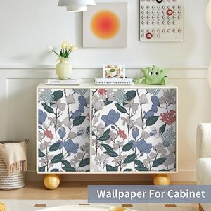 Floral Peel and Stick Wallpaper Boho Easy Peel off Wallpaper Blue Magnolia/Red Hydrangea/Grey Removable Bedroom Contact Paper Renter Friendly Self Adhesive Wallpaper with Knife Tape Measure 17.3"X118"