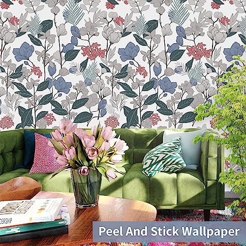 Floral Peel and Stick Wallpaper Boho Easy Peel off Wallpaper Blue Magnolia/Red Hydrangea/Grey Removable Bedroom Contact Paper Renter Friendly Self Adhesive Wallpaper with Knife Tape Measure 17.3"X118"