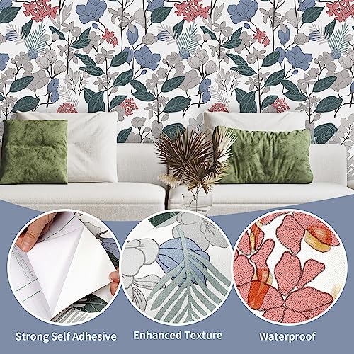 Floral Peel and Stick Wallpaper Boho Easy Peel off Wallpaper Blue Magnolia/Red Hydrangea/Grey Removable Bedroom Contact Paper Renter Friendly Self Adhesive Wallpaper with Knife Tape Measure 17.3"X118"