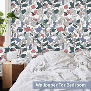 Floral Peel and Stick Wallpaper Boho Easy Peel off Wallpaper Blue Magnolia/Red Hydrangea/Grey Removable Bedroom Contact Paper Renter Friendly Self Adhesive Wallpaper with Knife Tape Measure 17.3"X118"