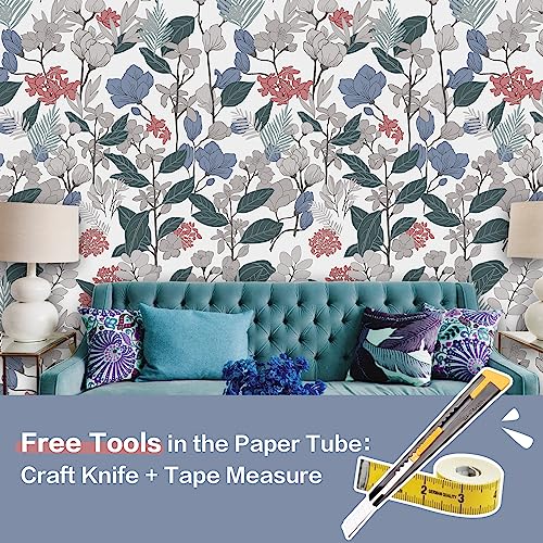 Floral Peel and Stick Wallpaper Boho Easy Peel off Wallpaper Blue Magnolia/Red Hydrangea/Grey Removable Bedroom Contact Paper Renter Friendly Self Adhesive Wallpaper with Knife Tape Measure 17.3"X118"