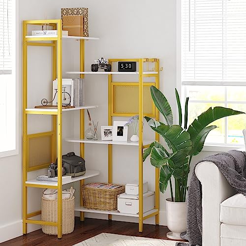 Anivia 6 Tier Asymmetrical Open Storage Shelves Ajustable Wood Bookcase Open Shelf Corner Bookshelf with Metal Frame Storage Organizer for Home Office,White and Gold